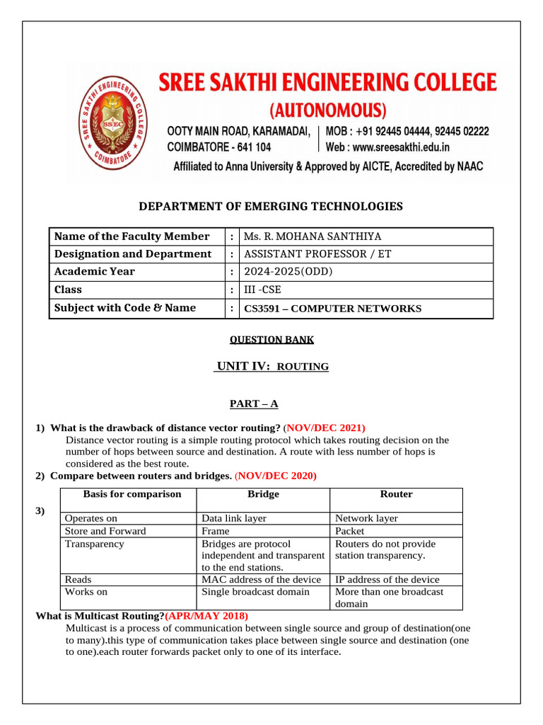 Cs3591 CN Unit 4 Question Bank | PDF | Computer Network | Routing