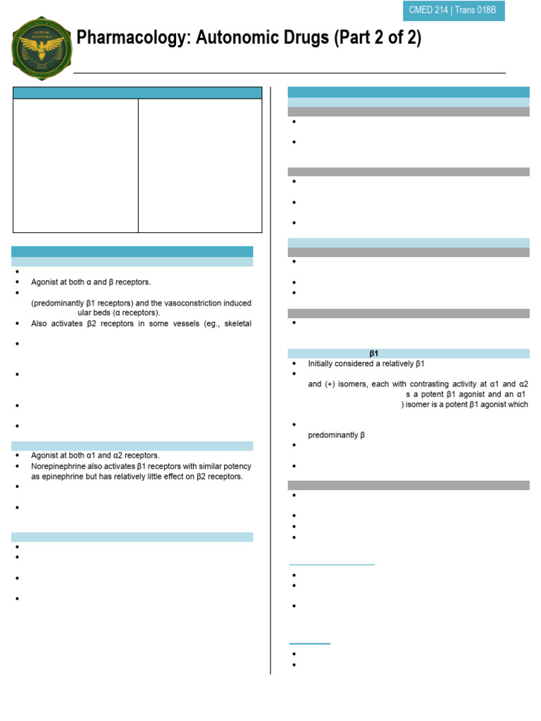 018B - CMED 214 - Autonomic Drugs | PDF | Stimulant | Norepinephrine