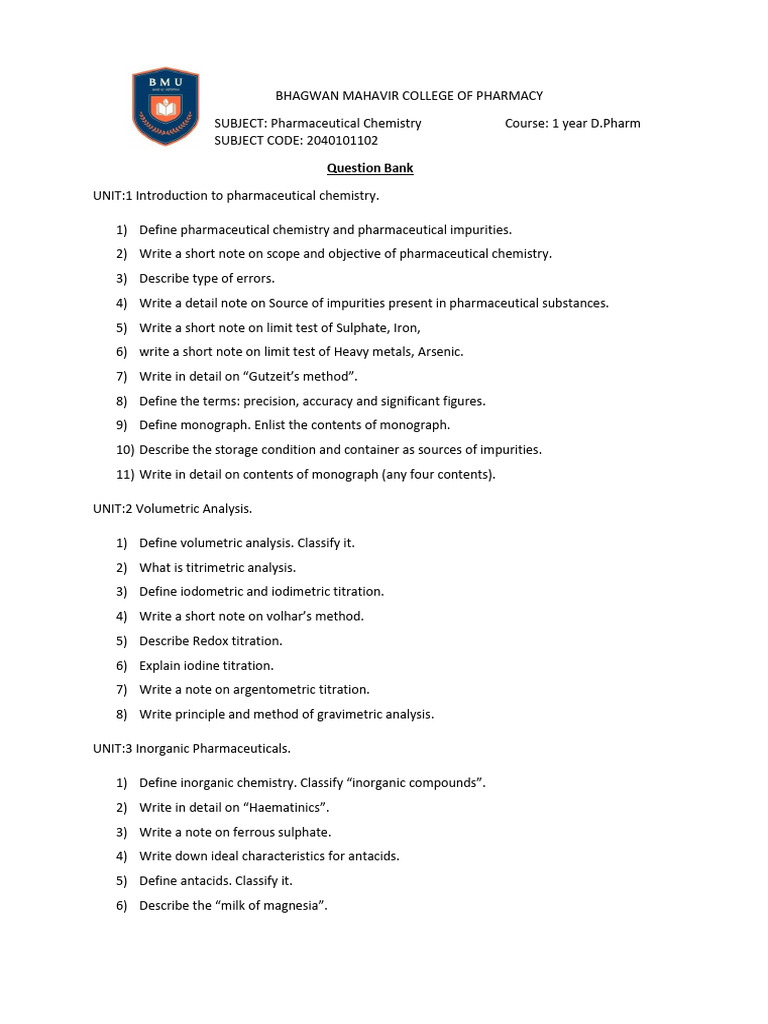 1 YrD.p Chem Que Bank | PDF | Titration | Chemistry