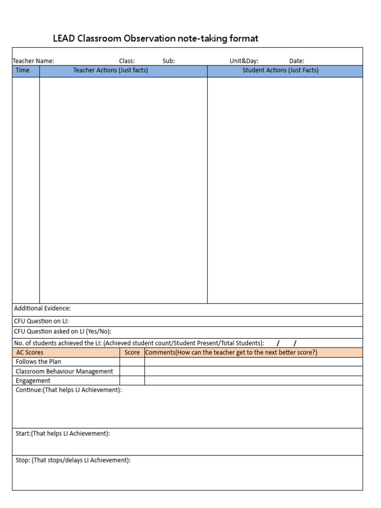 Classroom Observation Note Format | PDF