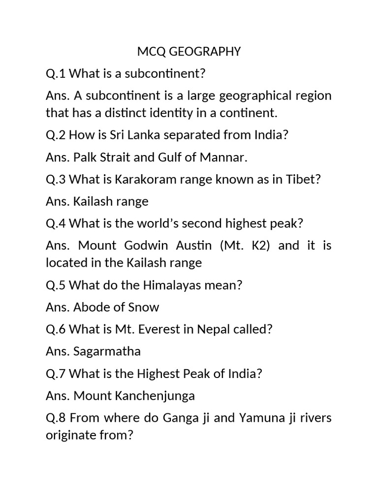 Mcq Geography | PDF | Himalayas | Earth Sciences