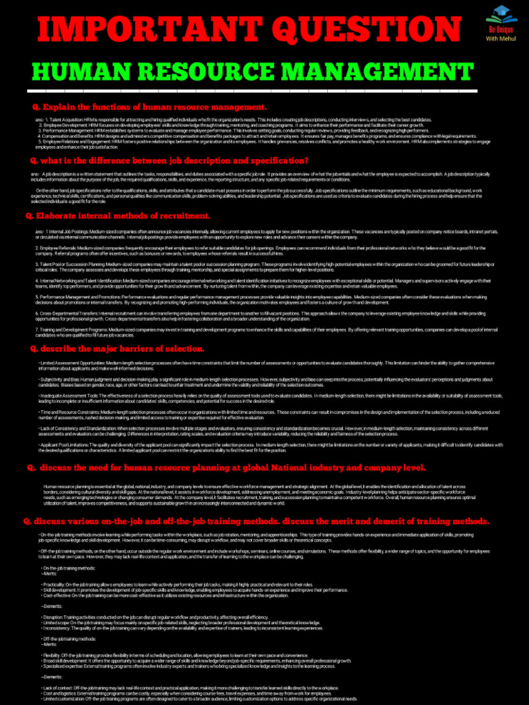 HRM Important Questions (B.com) (Eng) | PDF