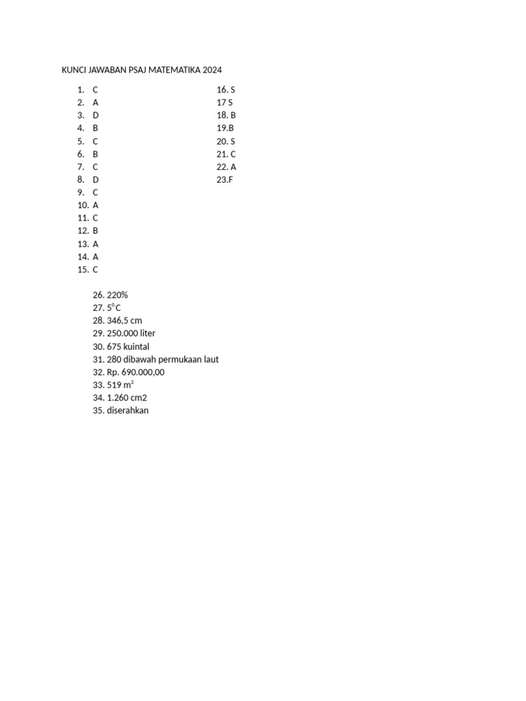 4. KUNCI JAWABAN PSAJ dan PSAT MATEMATIKA Kur 2013 2024 | PDF