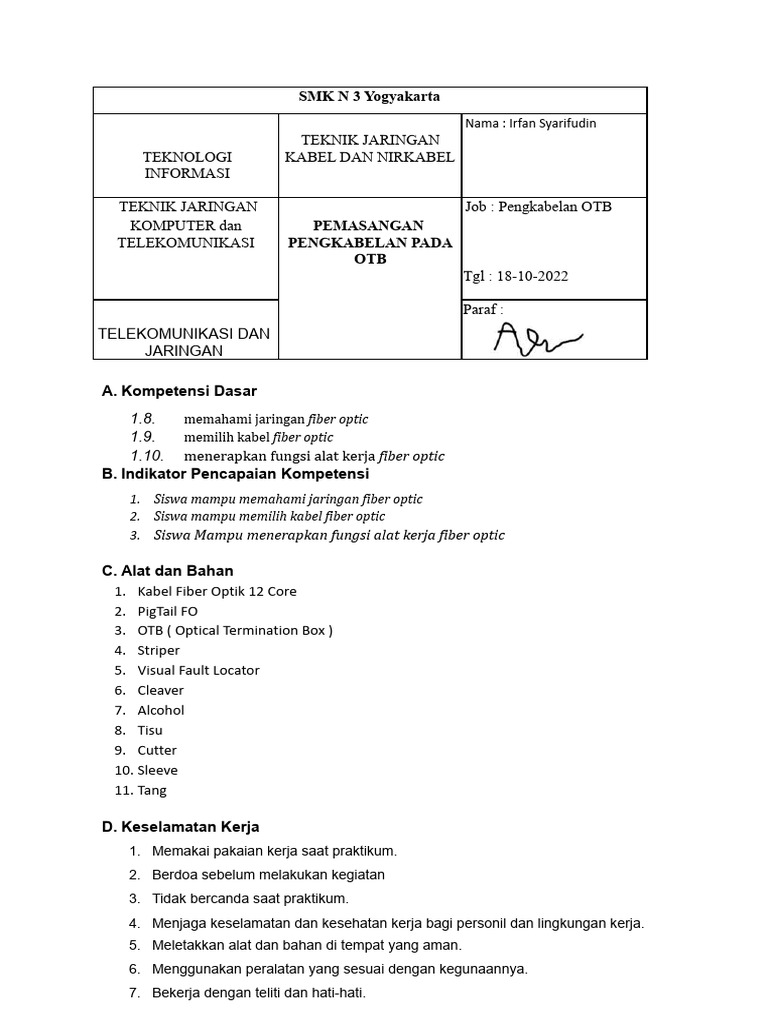 Job 5 TJKN Penyambungan Kabel FO (Pemasangan 12 Core Di OTB) | PDF