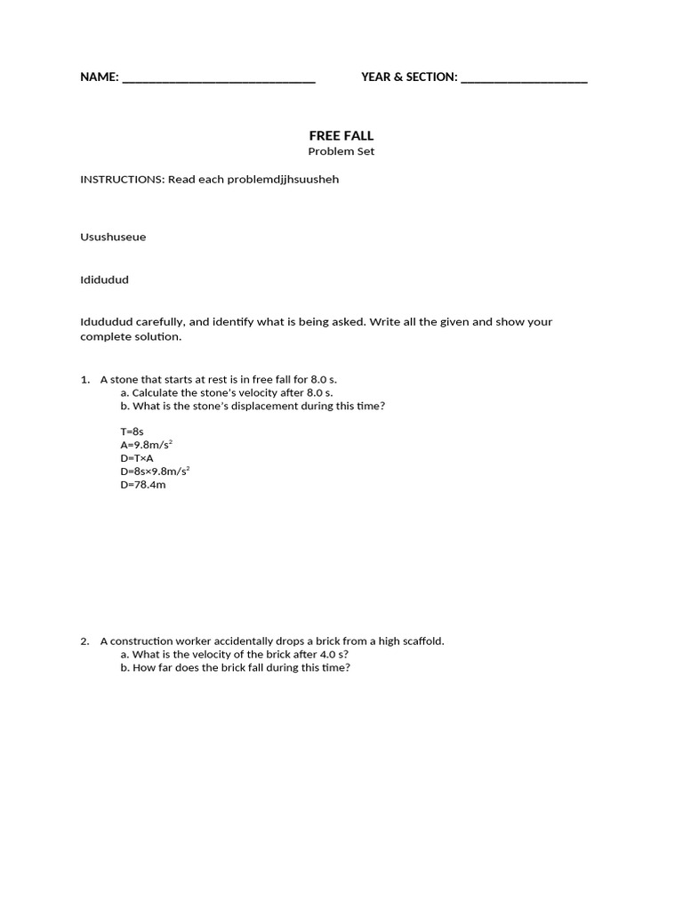 Free Fall Problem Set | PDF