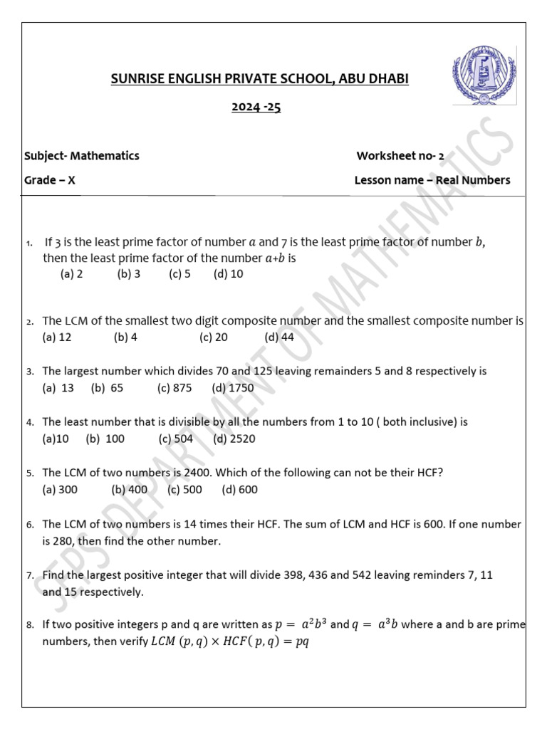 Grade 10 - Real Numbers- Worksheet- 24-25 (1) | PDF
