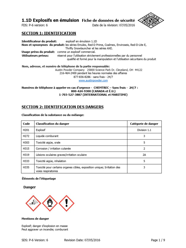 SDS P 6 1.1D Emulsion Explosives AP 1 Francais | PDF