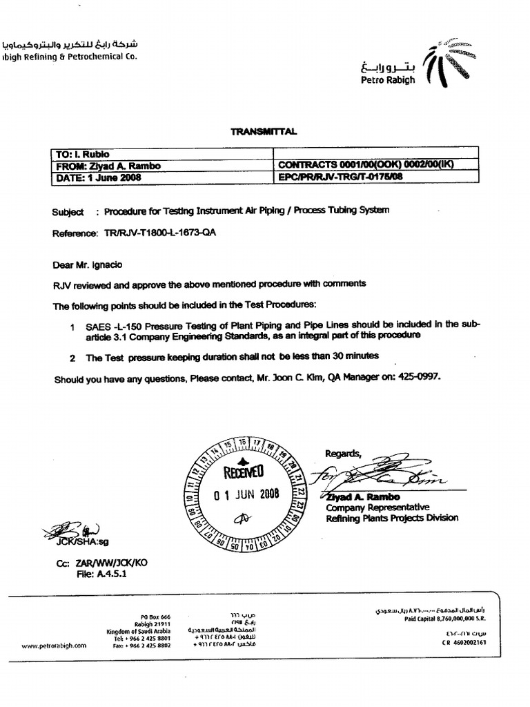 Epc-Pr-Rjv-Trg-T-0175-08 (Procedure For Testing Instrument Air Piping ...