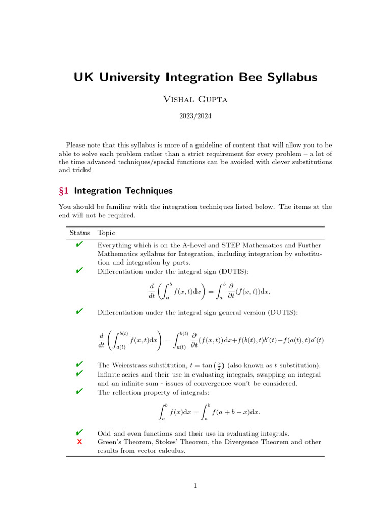 UK Integration Bee Syllabus 2023/24 | PDF | Mathematical Analysis ...