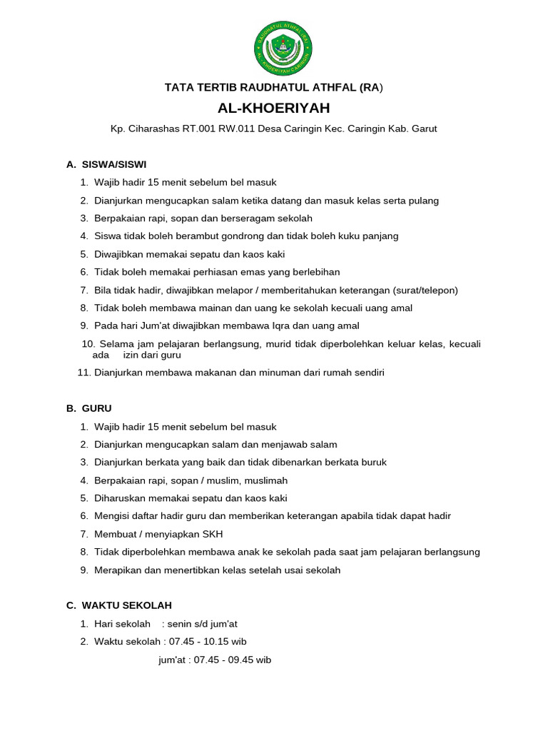 Tata Tertib Raudhatul Athfal | PDF