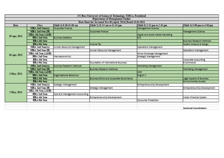 Sessional Exam Date Sheet - April 2024 | PDF | Master Of Business Administration | Leadership