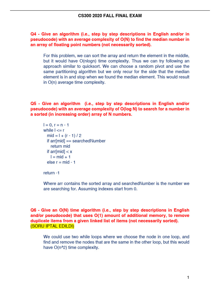 CS300 Fall 2020 Exam Algorithms | PDF | Computer Science | Computer ...