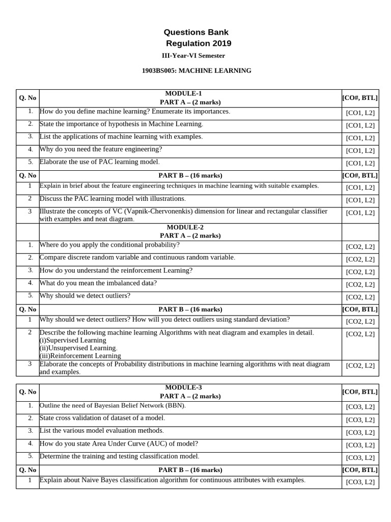 Mini Question bank 6th sem-1903BS005-MACHINE LEARNING | PDF | Machine ...