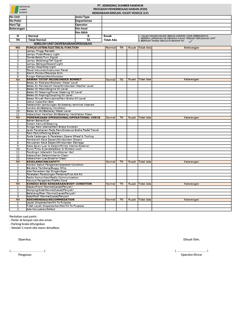 Form P2H Light Vehicle | PDF