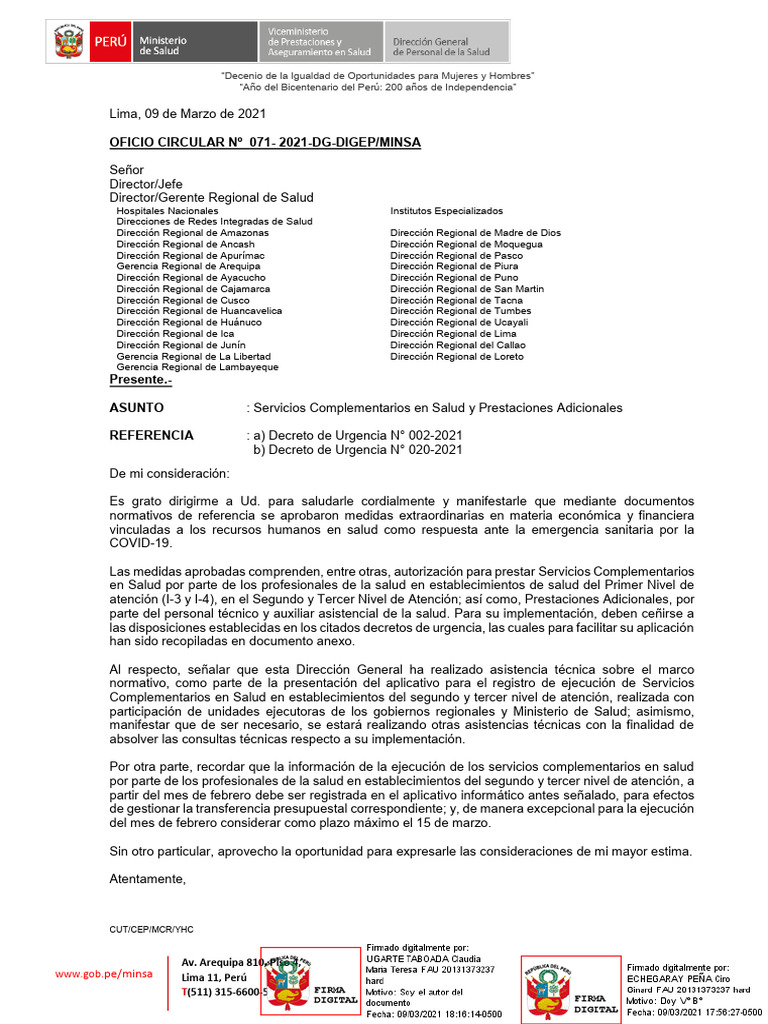 Oficio Circular # 071-2021-Dg-Digep-Minsa Exp. 21-028007-001-023 | PDF | Hospital | Perú