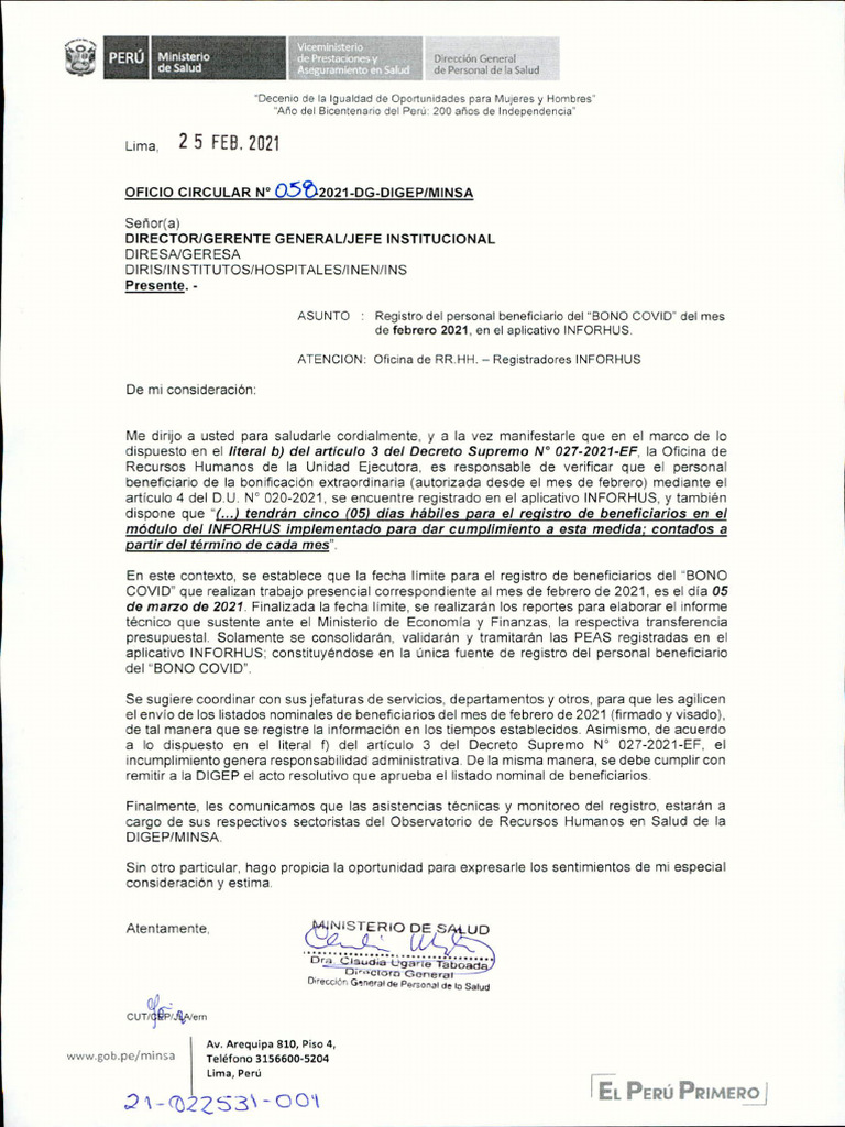 Oficio Circular N 058-2021-Dg-Digep-Minsa Exp. 21-022531-001 | PDF