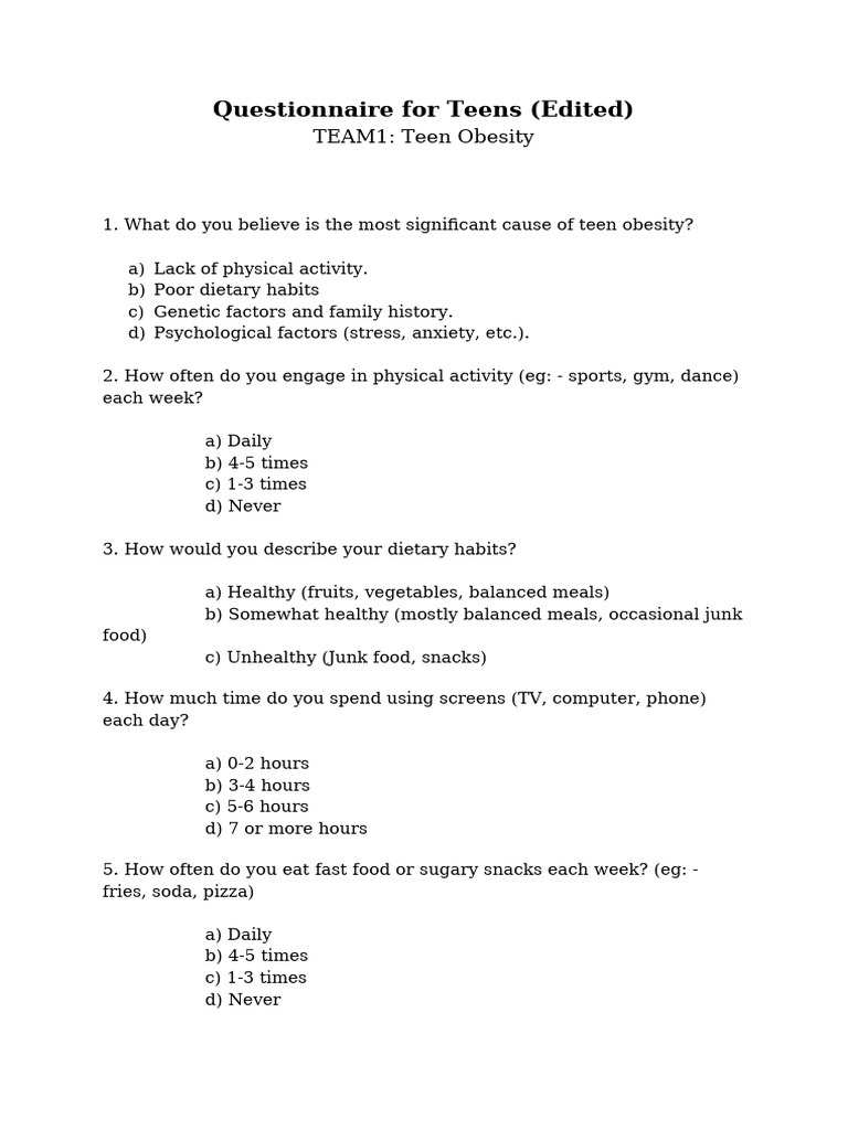 GP Teen Questionnaire (Edited) | PDF