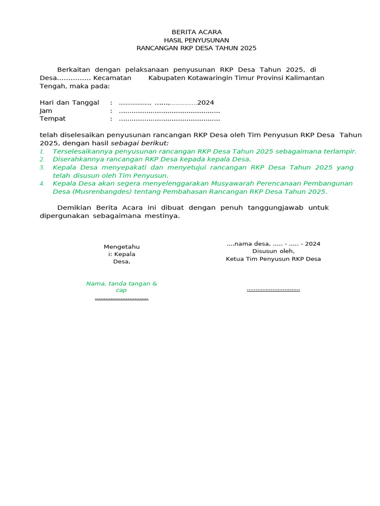 Berita Acara Hasil Penyusunan RKP Desa | PDF
