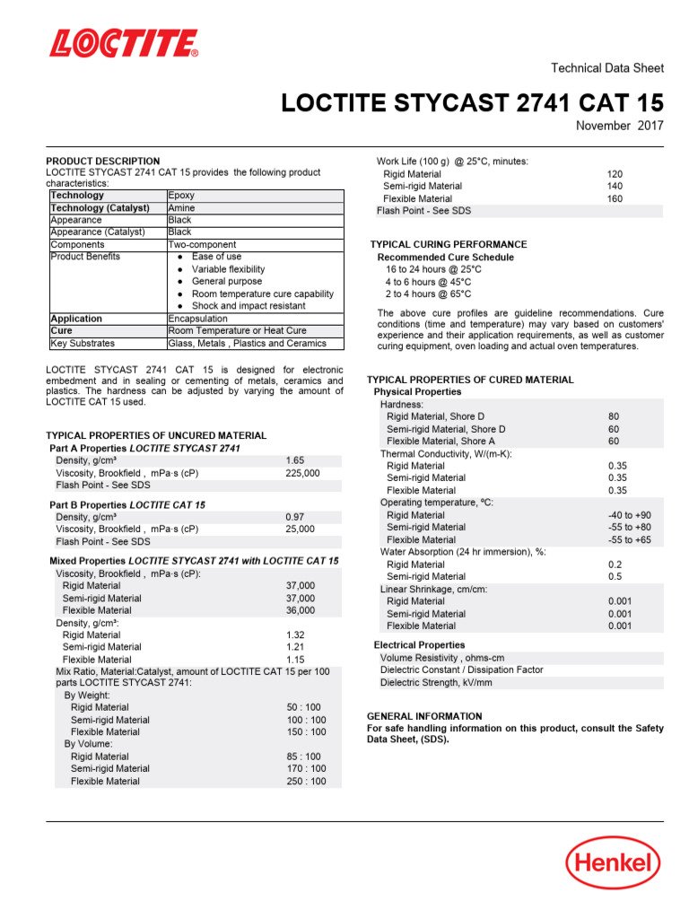 LOCTITE STYCAST 2741 CAT 15 en - GL | PDF | Viscosity | Epoxy