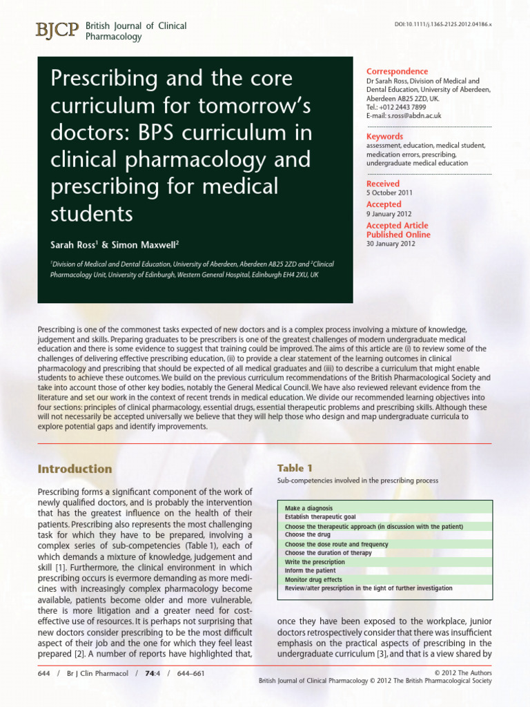 Brit J Clinical Pharma - 2012 - Ross - Prescribing and The Core Curriculum For Tomorrow S ...