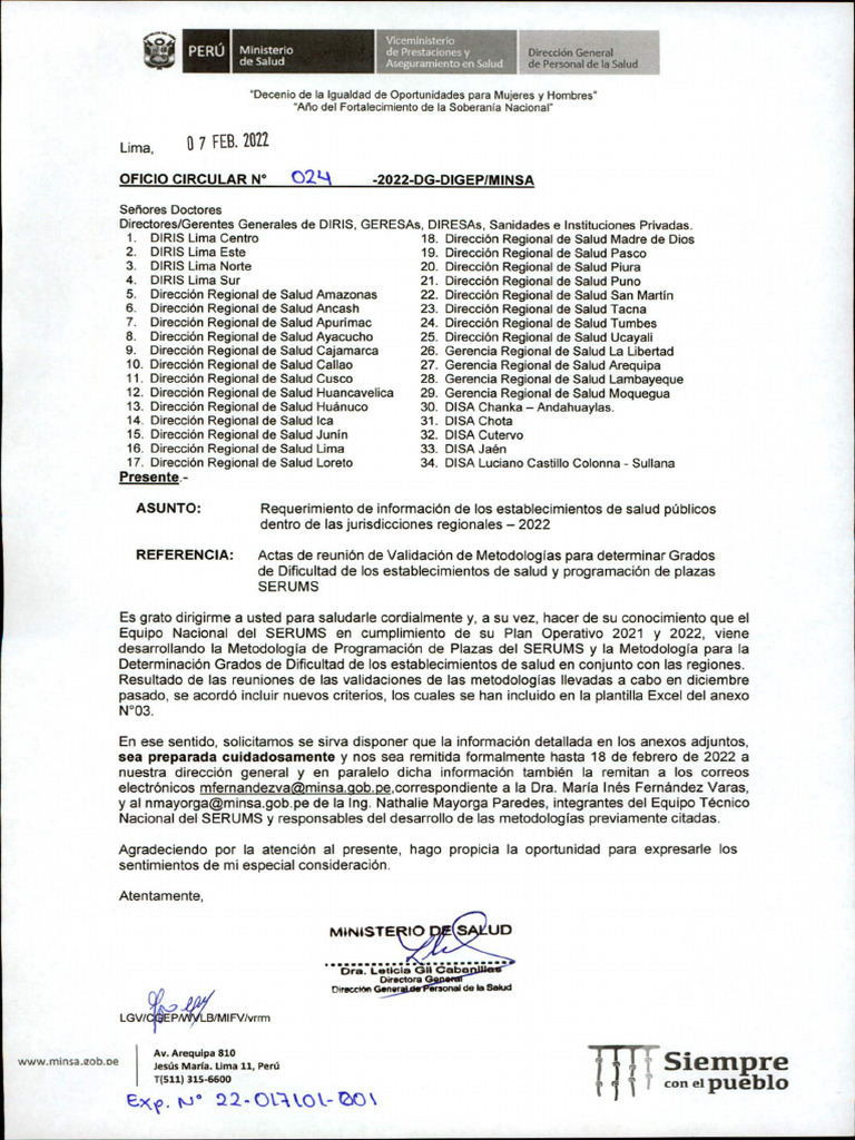 22-017101-001-Oficio Circ 0024-2022-Dg-Digep-Minsa-Regiones-Eess-Maria | PDF