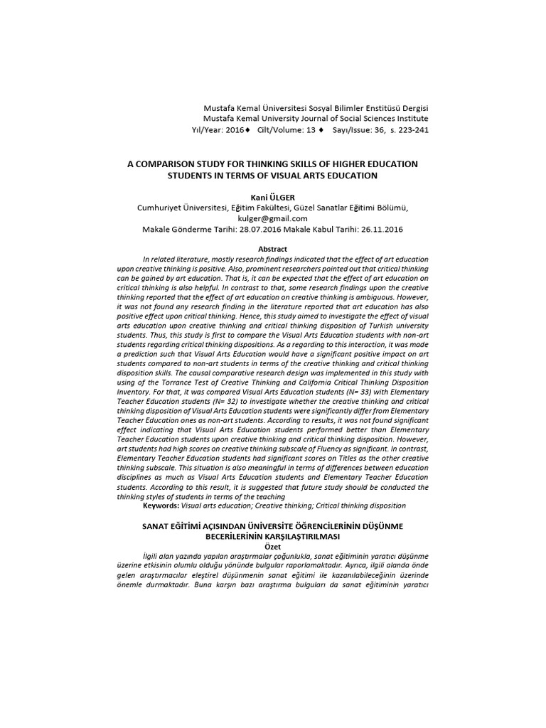 A Comparison Study For Thinking Skills of Higher Education | PDF