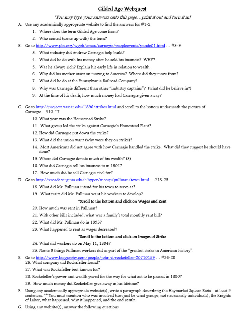 Gilded Age Webquest 1 | PDF | Society Of The United States | Labor Disputes