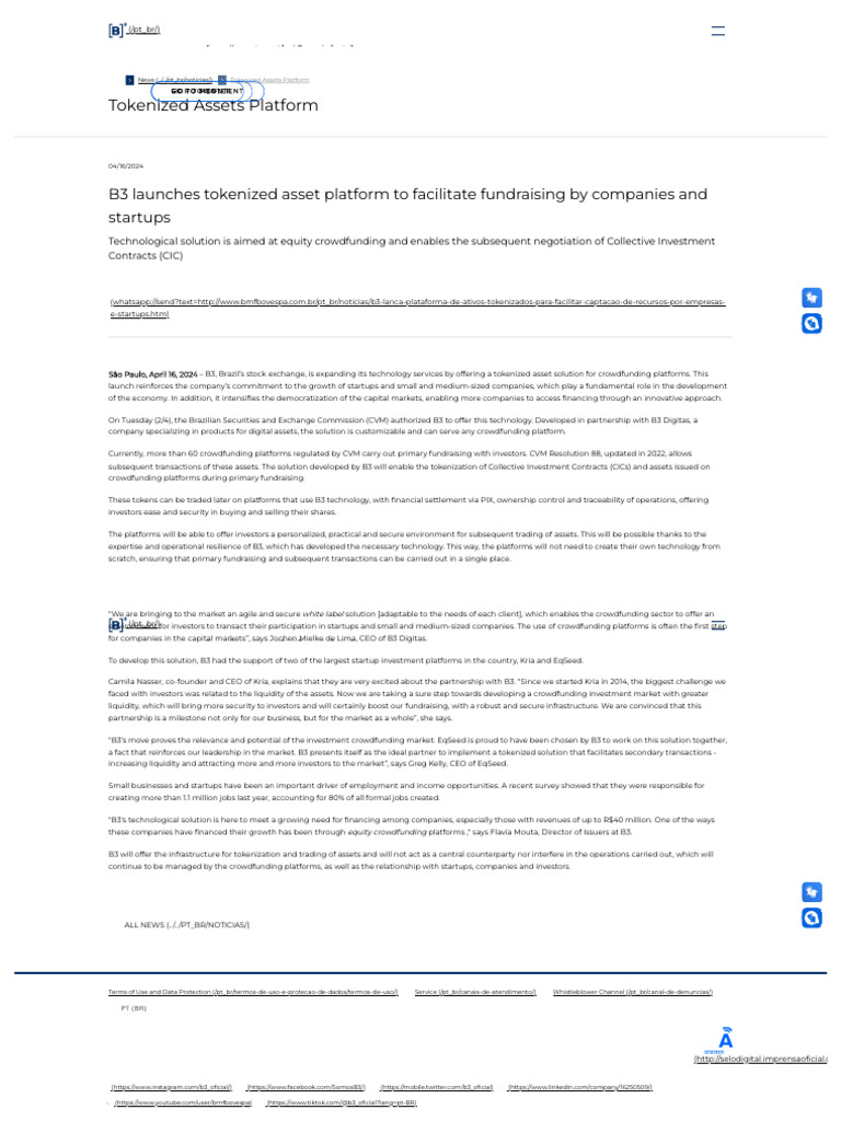 B3 Launches Tokenized Asset Platform | PDF | Startup Company | Small ...