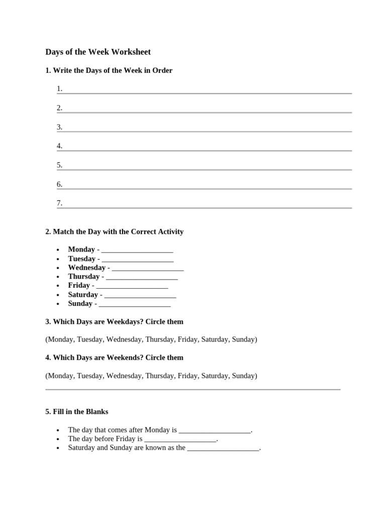 Days of The Week Worksheet | PDF
