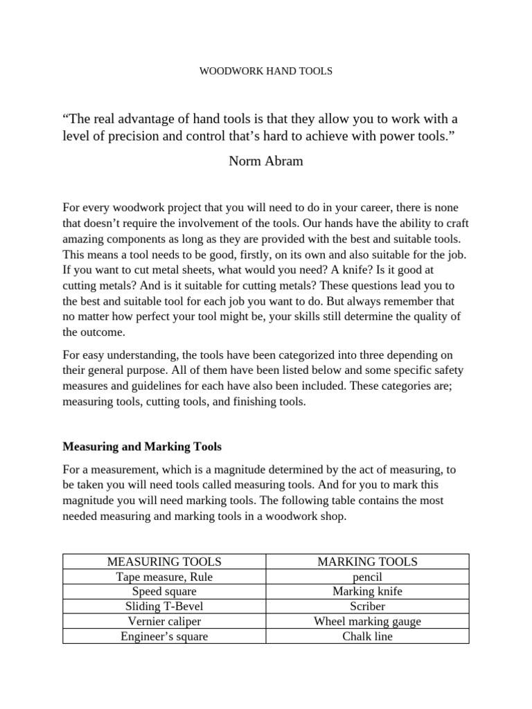 Wood Work Hand Tools | PDF | Woodworking | Tools