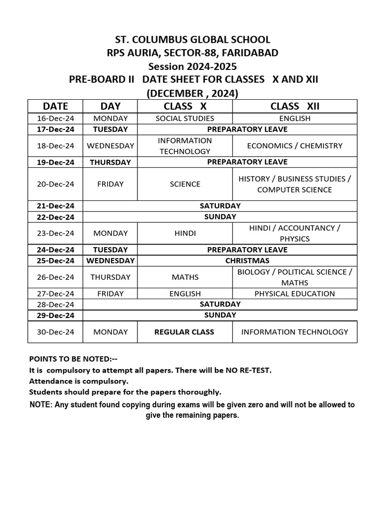 Date Sheet Pre-Board 2 Classes X and Xii | PDF