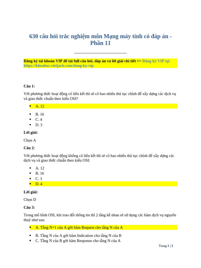 630 Cau Hoi Trac Nghiem Mon Mang May Tinh Co Dap An Phan 11 - 2024 - 12 - 19 | PDF