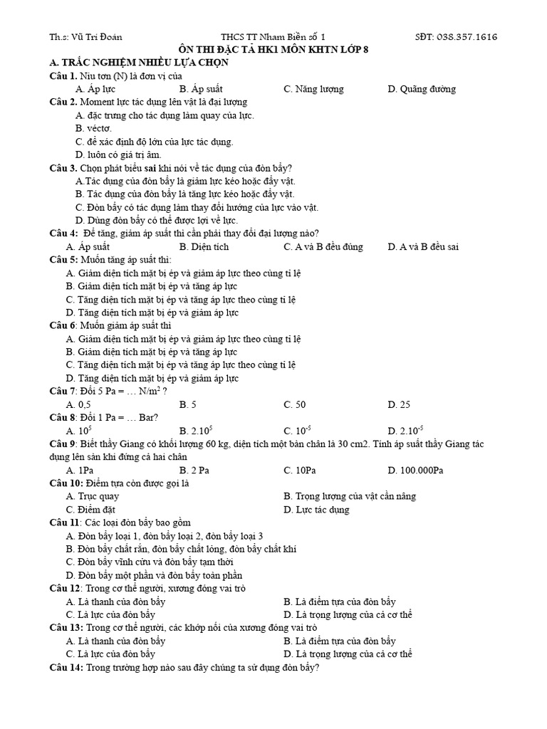ÔN THI ĐẶC TẢ HK1 MÔN KHTN LỚP 8 | PDF