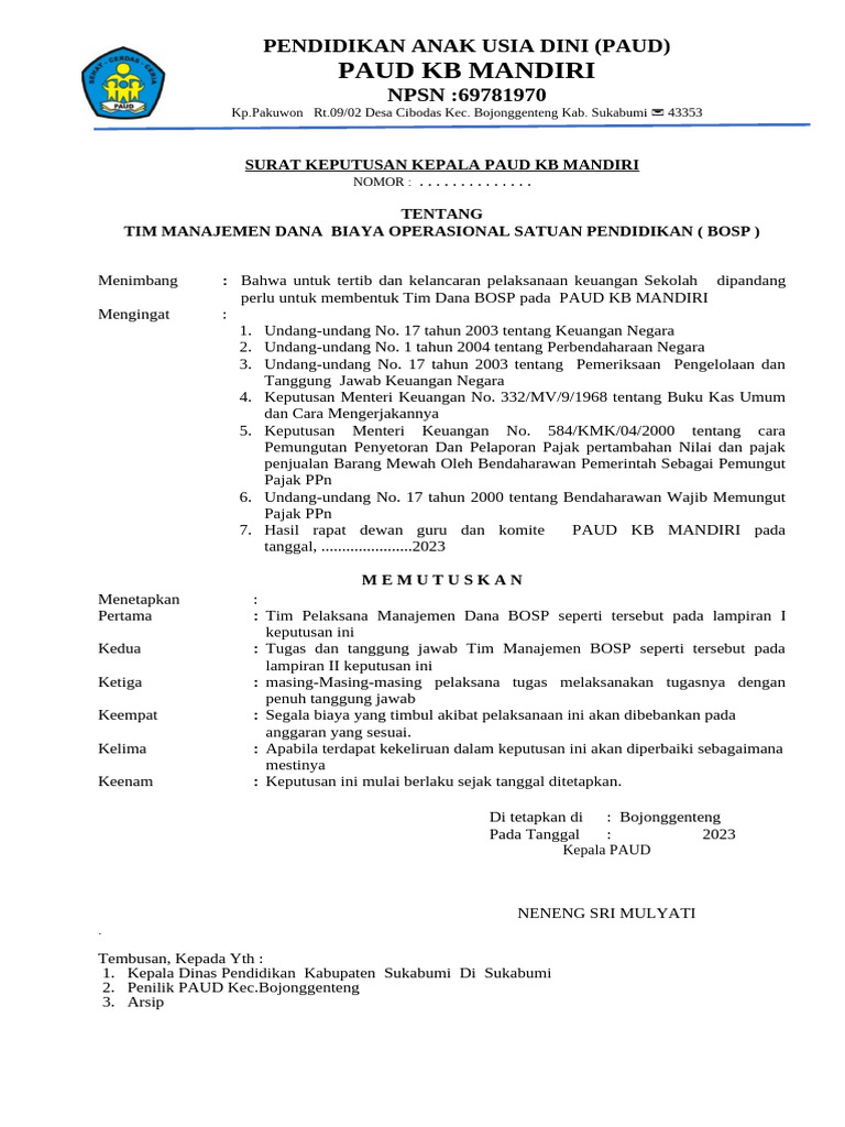 sk tim bos dan sk bendahara bojonggenteng | PDF