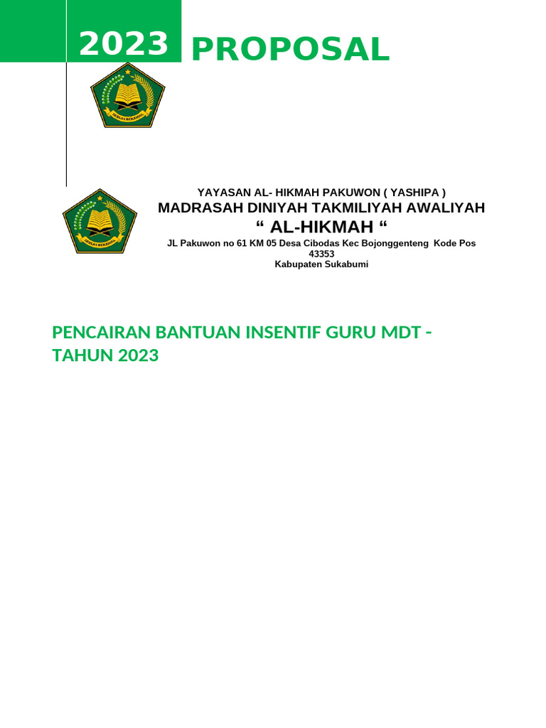 Proposal Pencairan Insentif Guru MDT 2023 | PDF