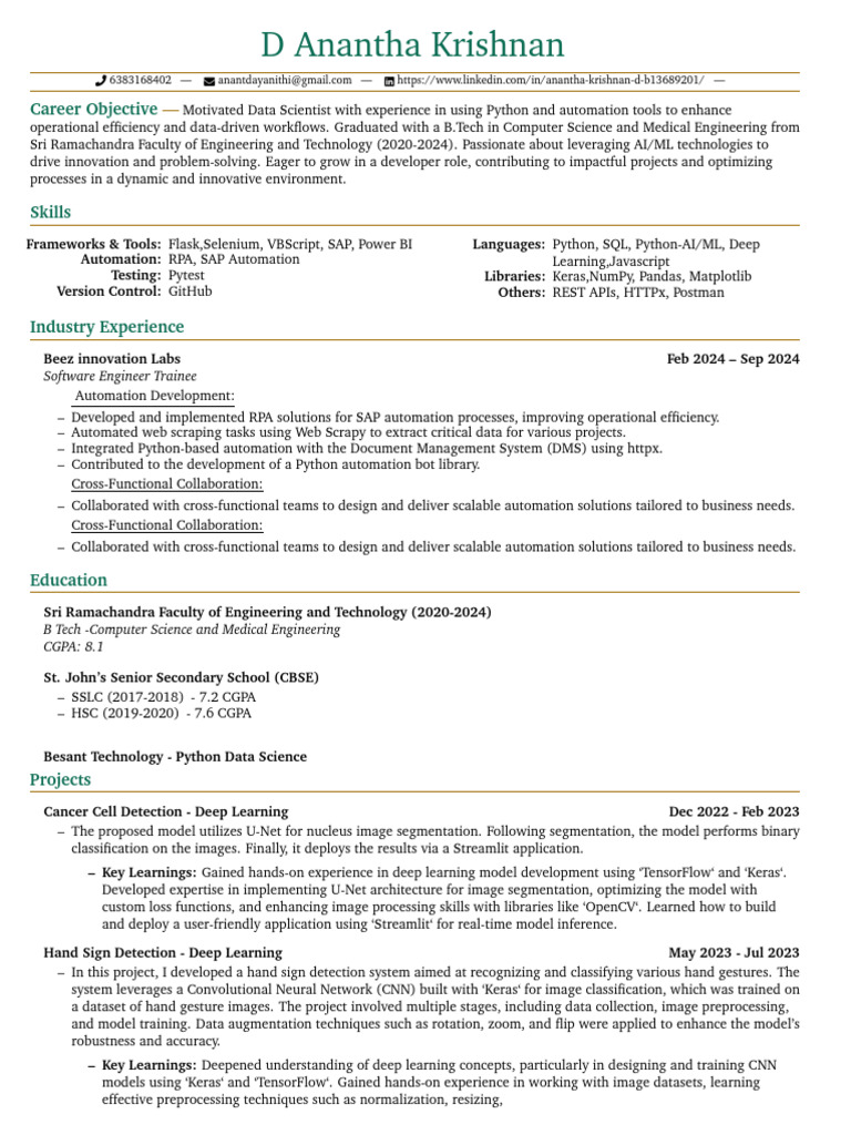 D Anantha Krishnan Resume | PDF | Deep Learning | Microsoft Excel