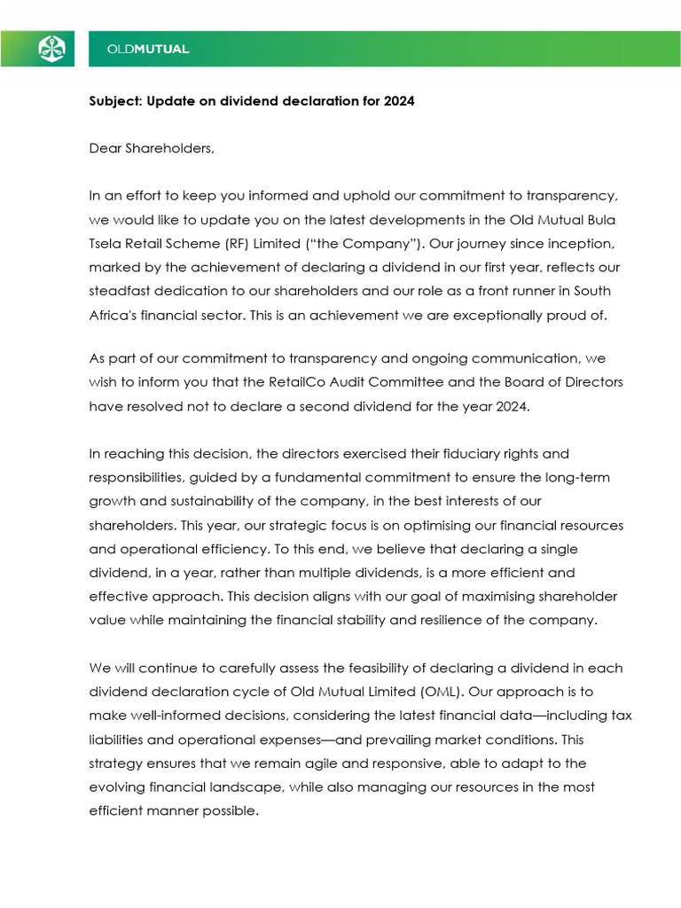 Bula Tsela 2024 Dividend Update | PDF | Dividend | Expense