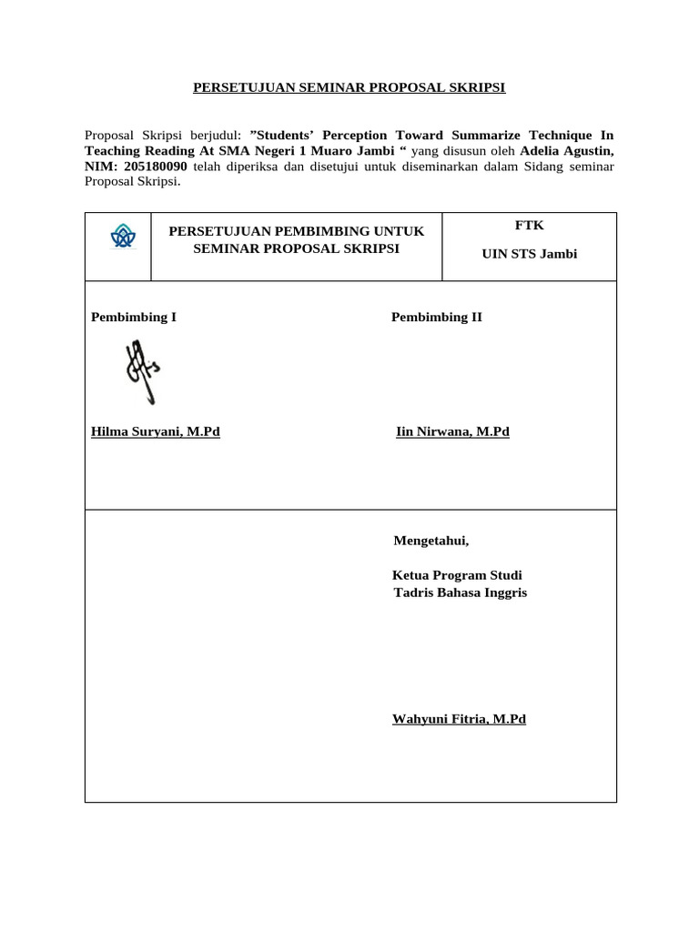 Persetujuan Seminar Proposal Skripsi Adel | PDF