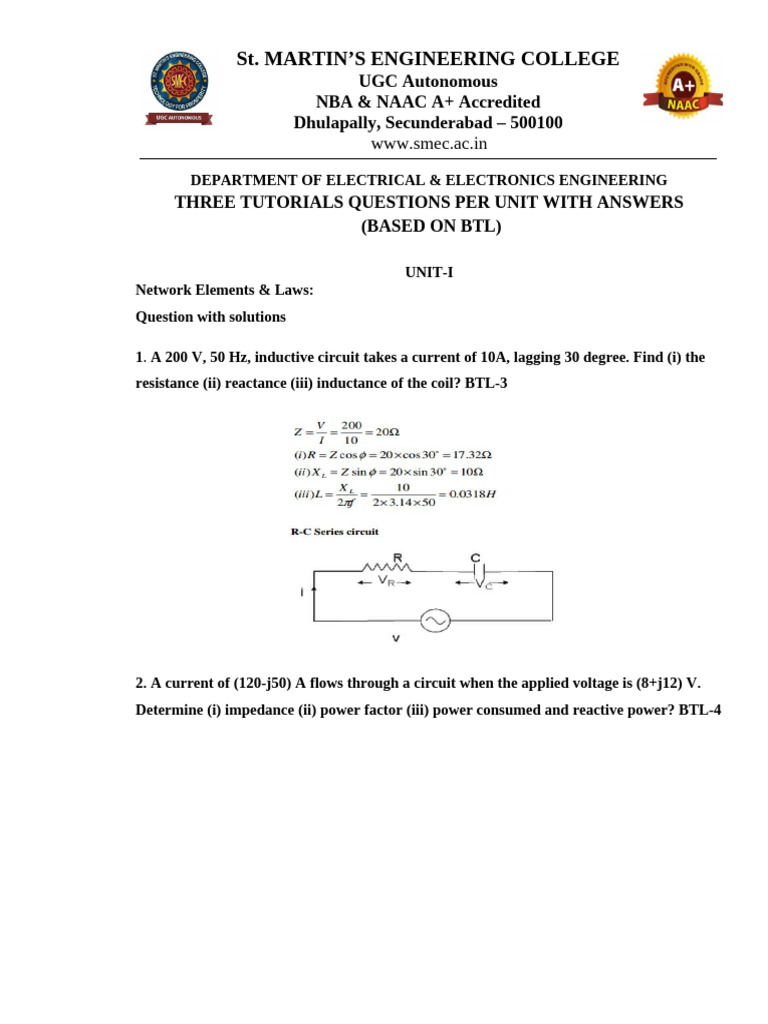 13e.three Tutorials Questions Per Unit With Answers (Based on BTL) | PDF | Electrical Network ...