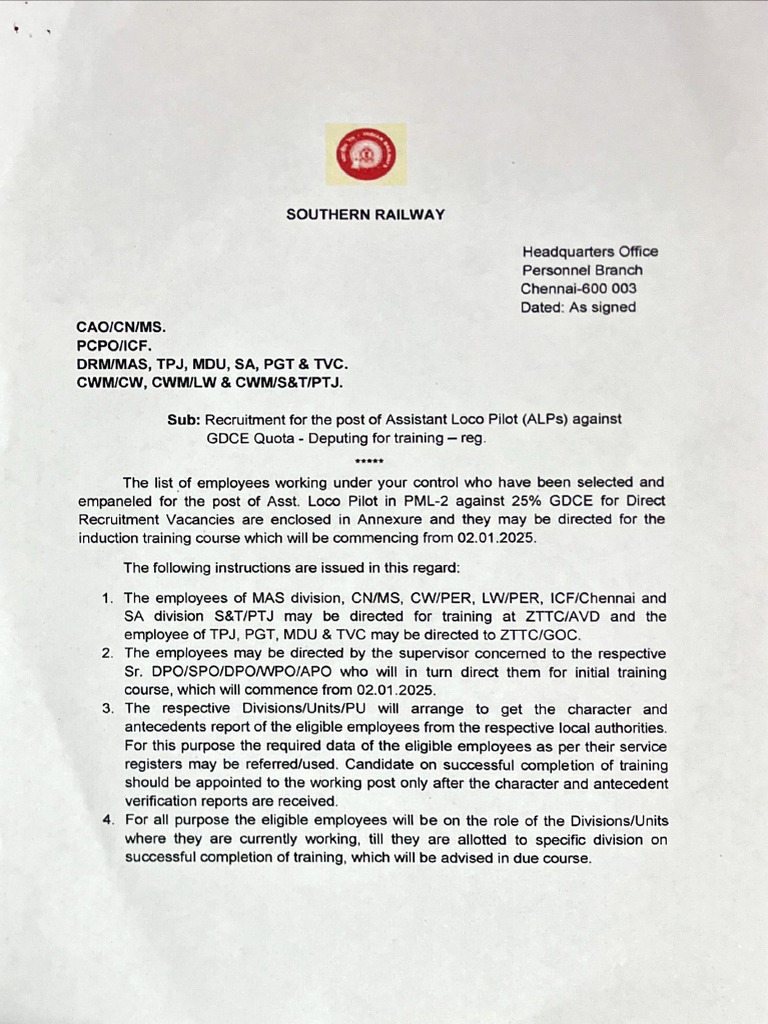 ALP Training Letter For 207 GDCE Candidates | PDF