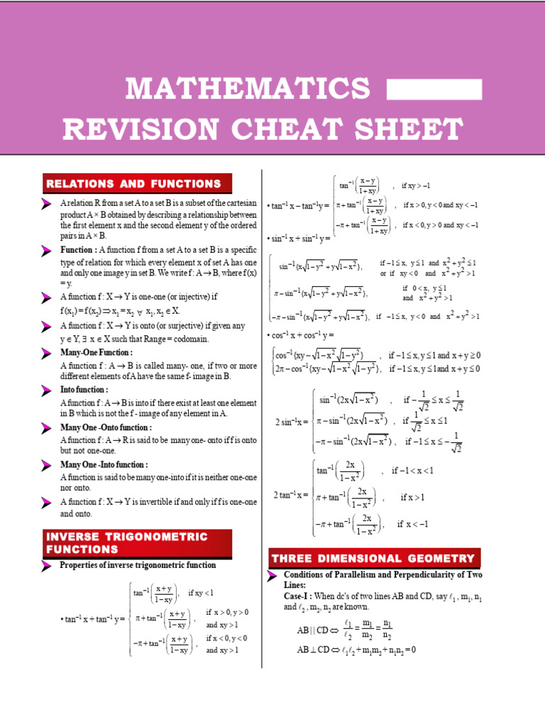 Revision Cheat Sheet Mathematics Class 12 | PDF | Function (Mathematics) | Analysis