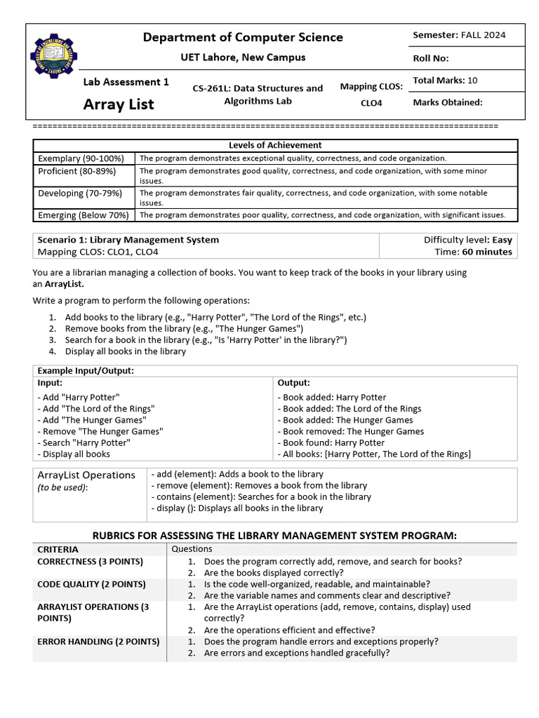 Lab Assessment 1 Arraylist Pdf Algorithms Computer Programming 7971