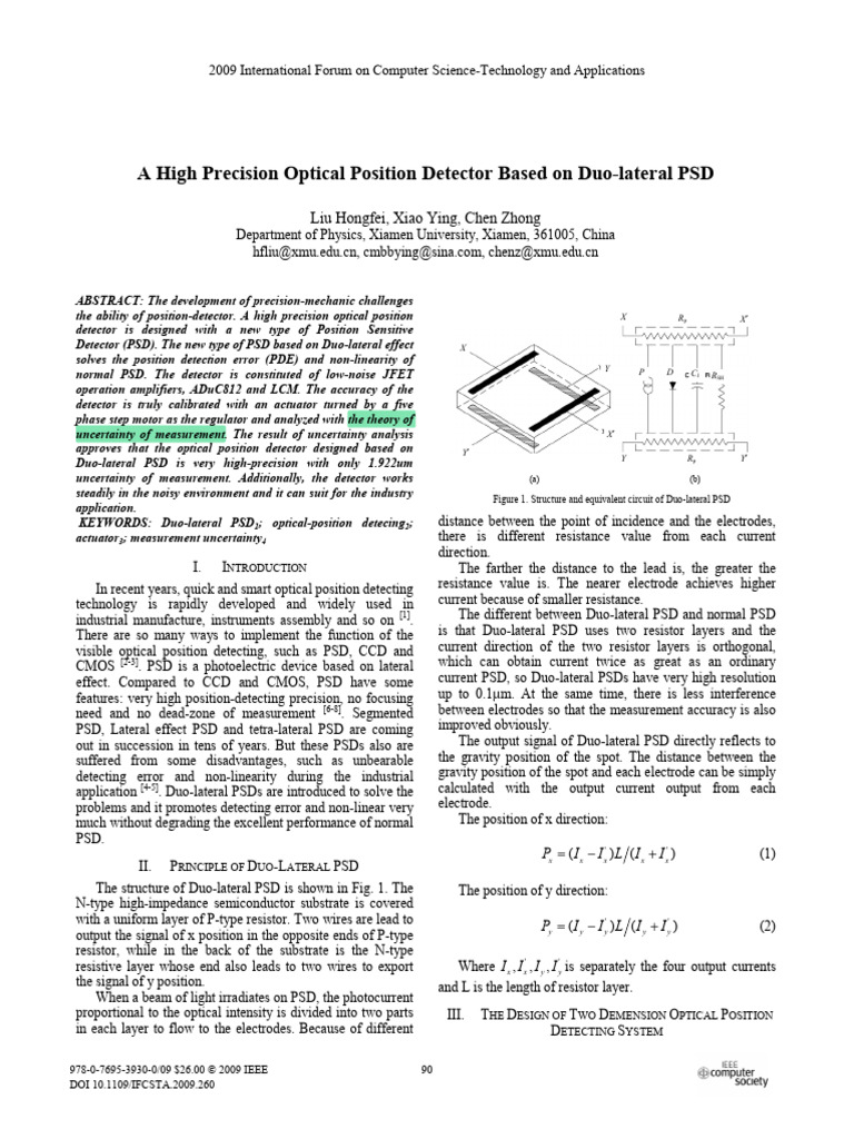 A High Precision Optical Position Detector Based On Duo-Lateral PSD | PDF | Sensor | Accuracy ...