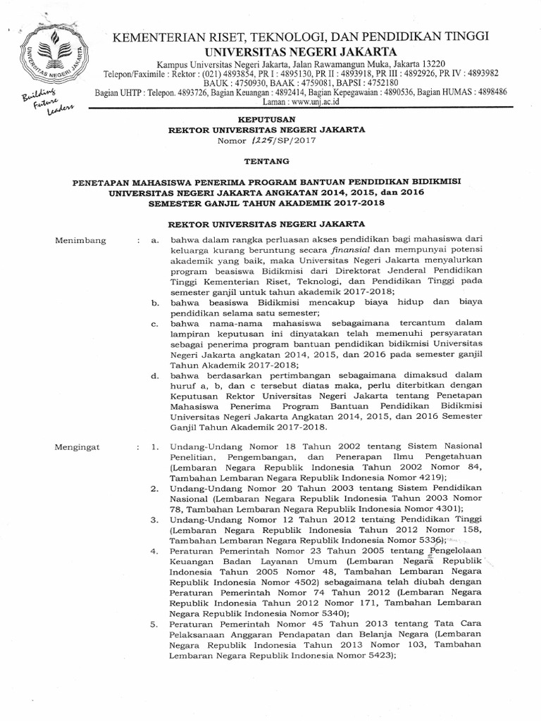 SK Rektor Penerimaan Beasiswa Bidikmisi SMT Angkatan 2014 2016 | PDF