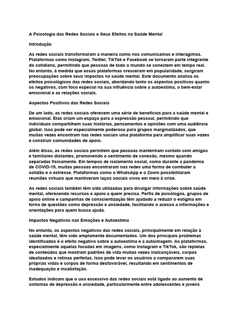 Efeitos das Redes Sociais na Saúde Mental | PDF | Rede social | Psicologia