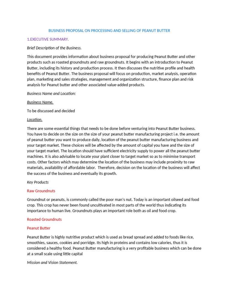 Business Proposal On Processing and Selling of Peanut Butter | PDF | Peanuts | Peanut Butter