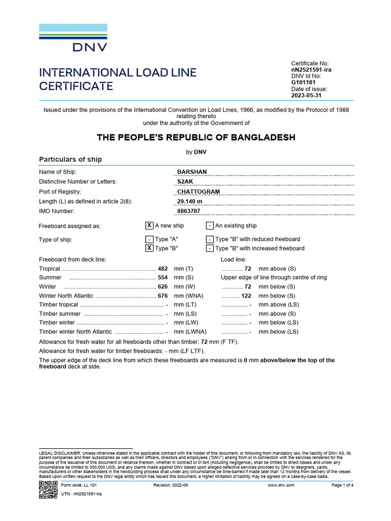 BARSHAN - International Load Line Certificate (E-31.05.2028) | PDF ...