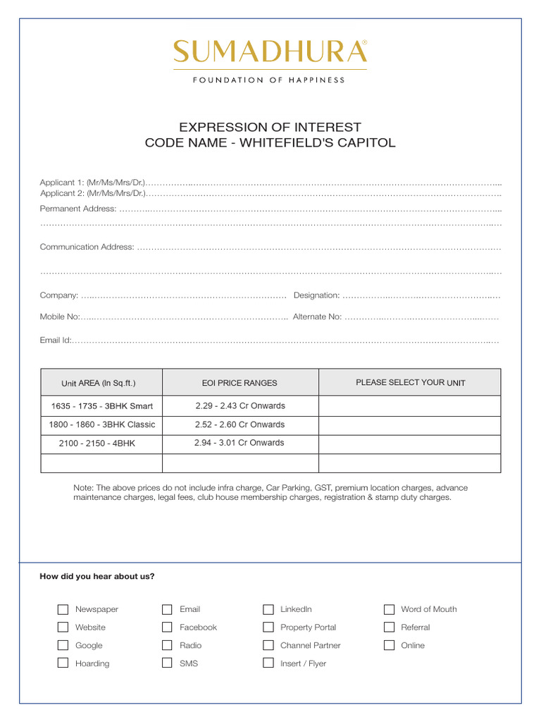 EOI Form Whitefield's Capitol #ForTheAchievers | PDF | Cheque