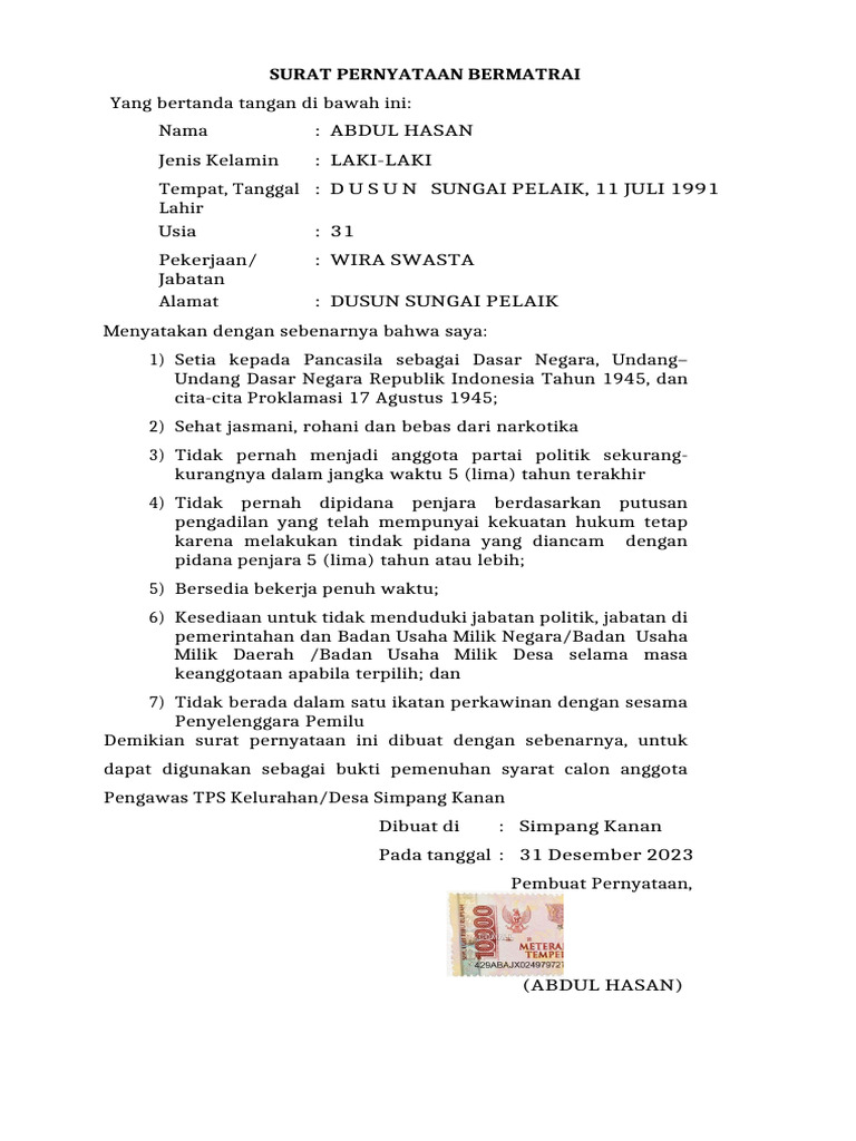 Surat Pernyataan Abdul Hasan | PDF