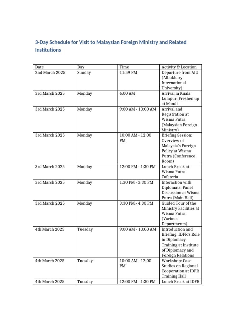 3-Day Schedule Malaysian Foreign Ministry Visit | PDF | Malaysia ...